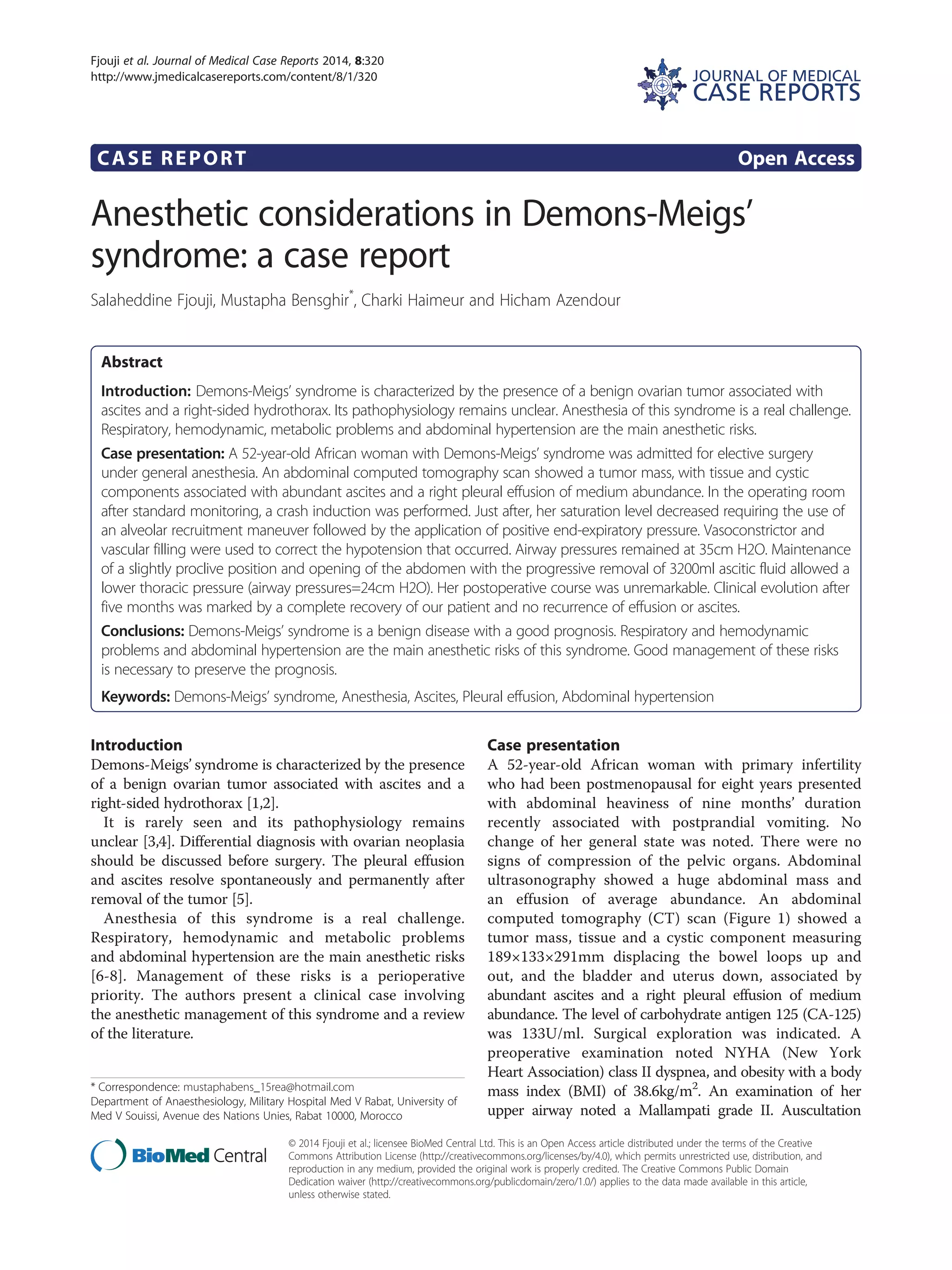 21. anesthetic considerations in demons meigs' syndrome | PDF