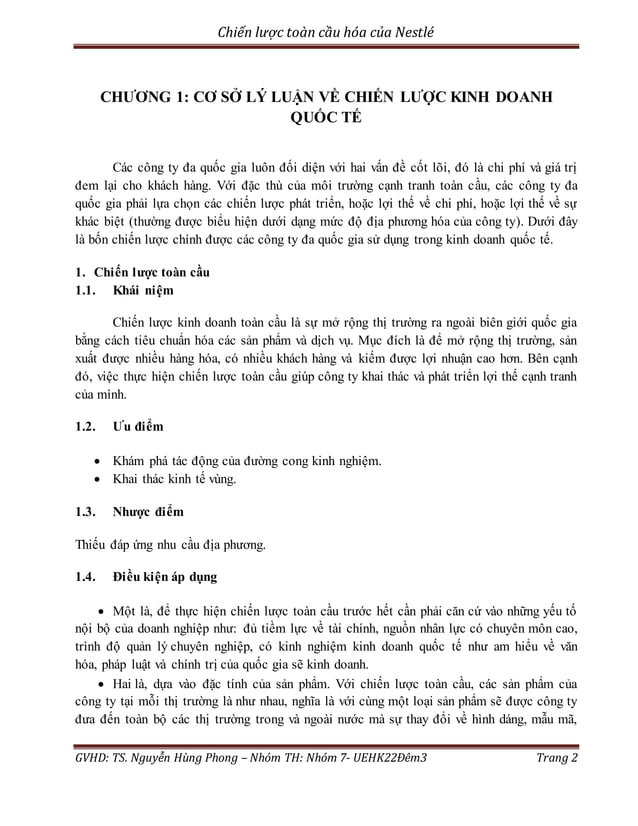 Tiểu luận Quản trị kinh doanh quốc tế Chiến lược toàn cầu của Nestlé, HAY | DOC