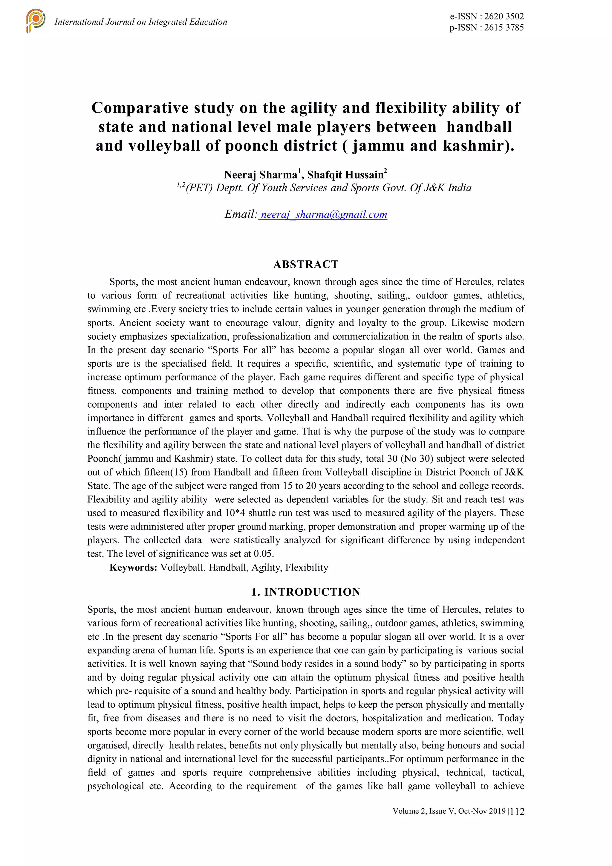 Comparative study on the agility and flexibility ability of state and ...