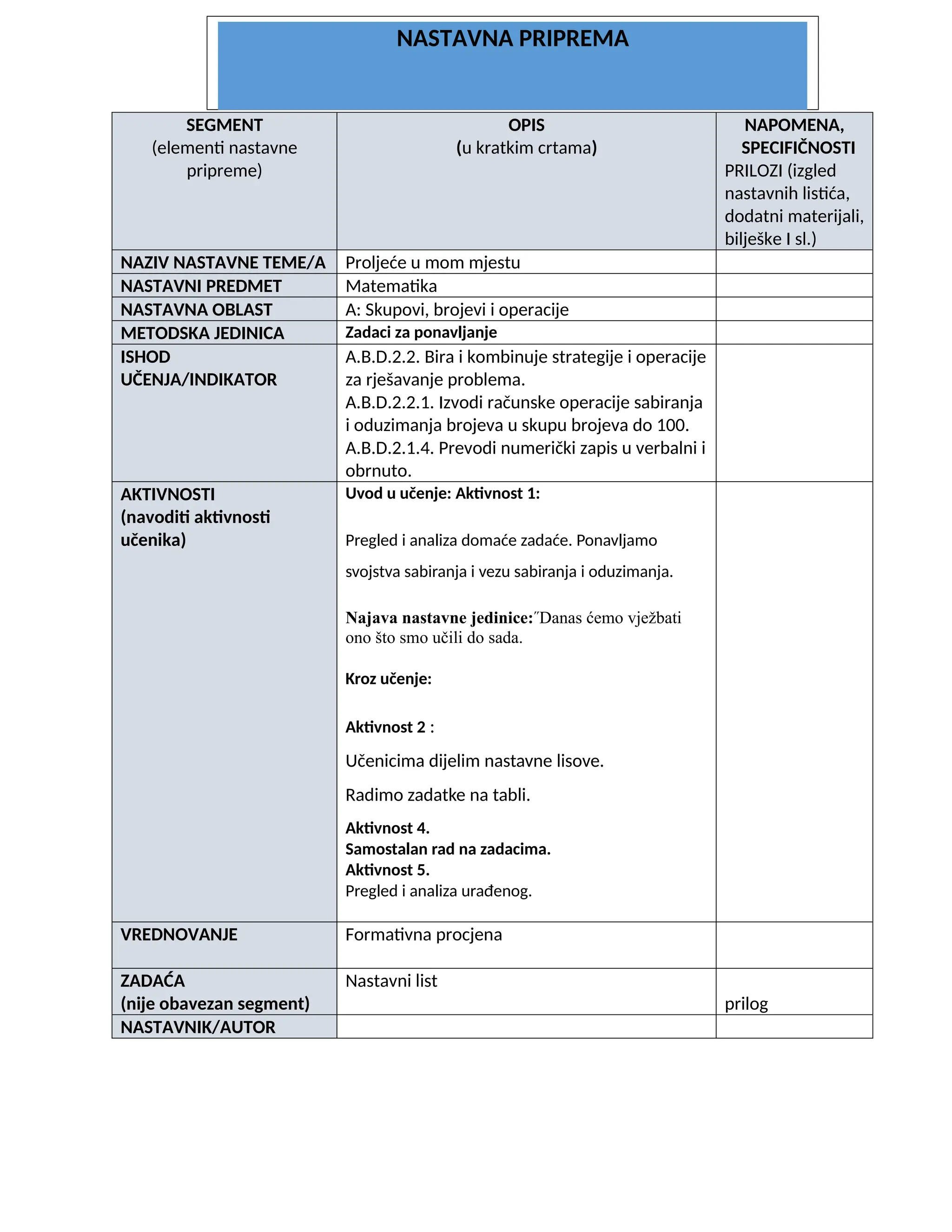 pismene pripreme po ishodima učenja u razredu | DOCX