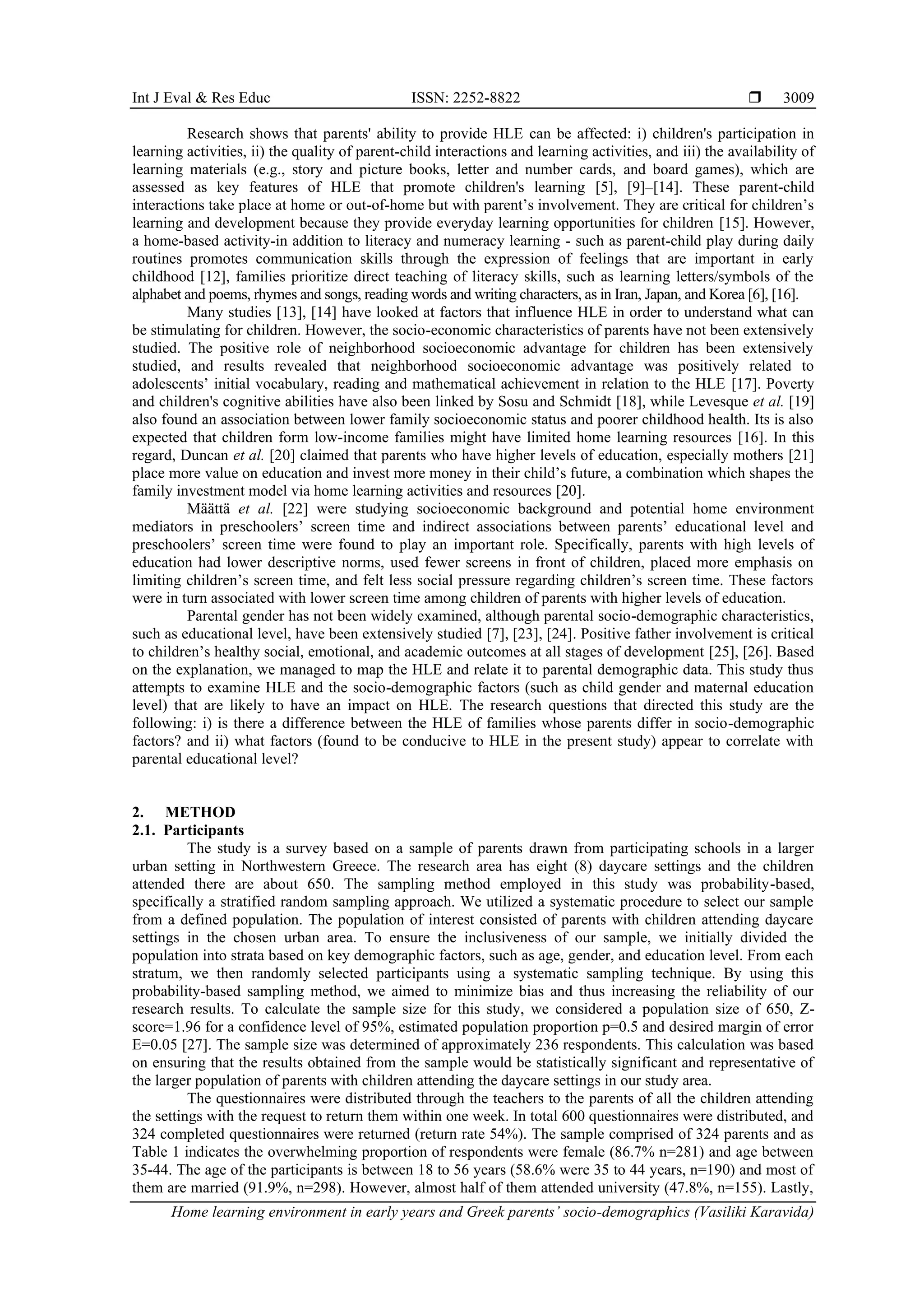 Home learning environment in early years and Greek parents’ socio ...