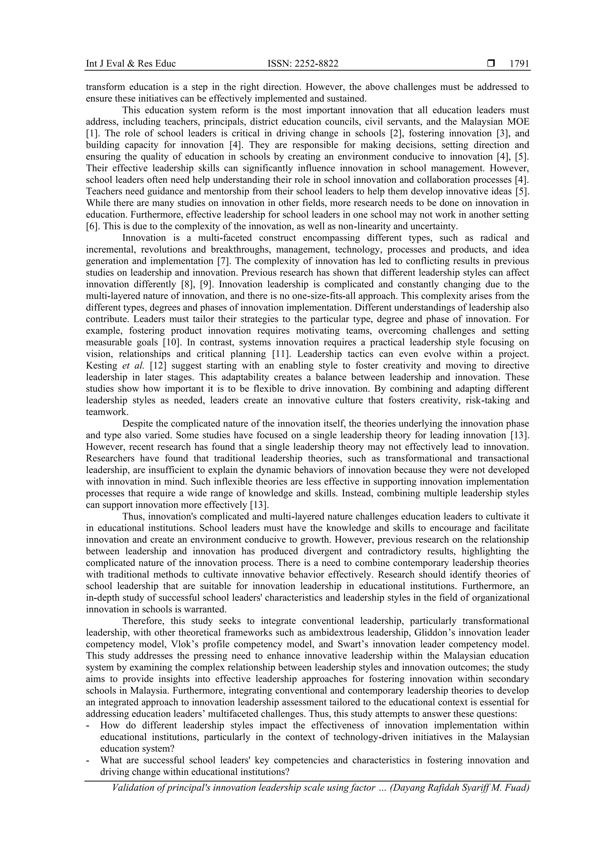 Validation of principal’s innovation leadership scale using factor ...