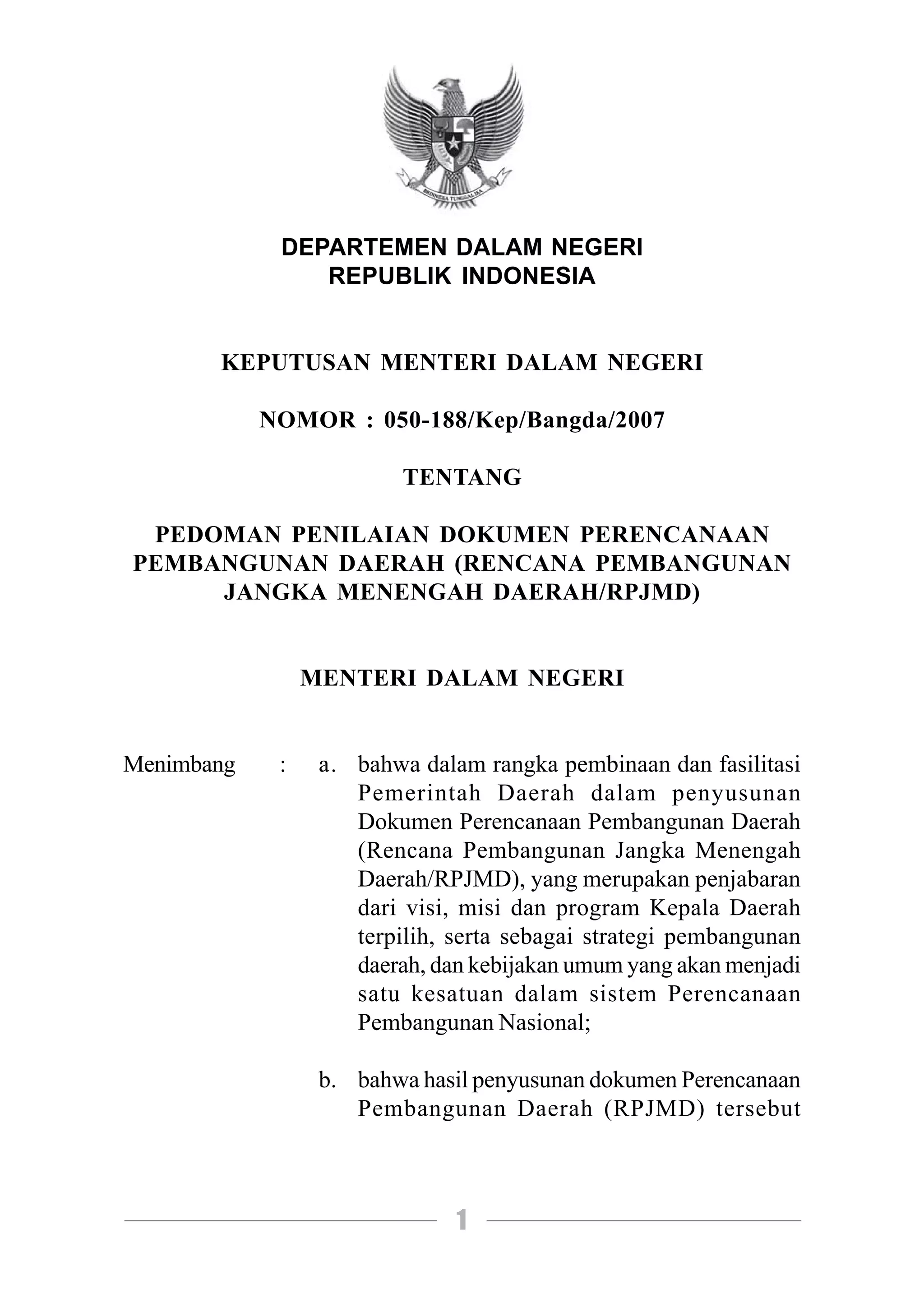 Pedoman Penilaian Dokumen Perencanaan Pembangunan Daerah (Rencana Pembangunan Jangka Menengah ...