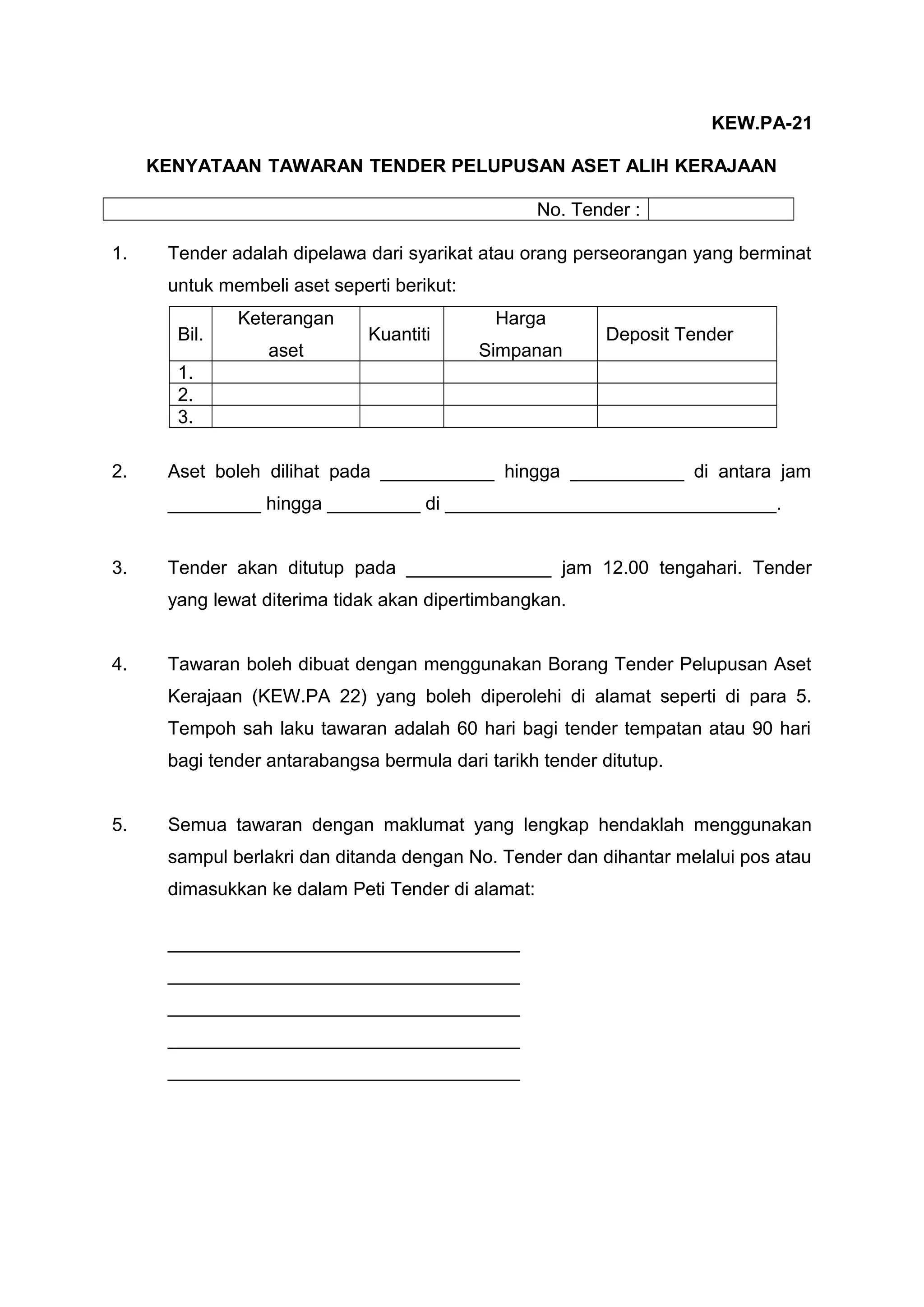 21.kew.pa 21(kenyataan tawaran tender pelupusan aset alih ke | DOC