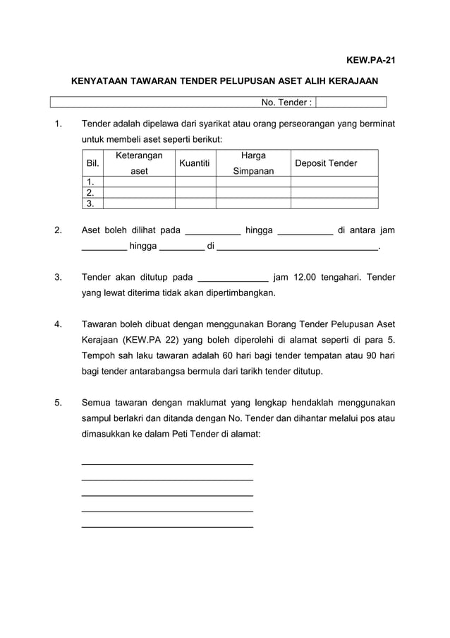 21.kew.pa 21(kenyataan tawaran tender pelupusan aset alih ke | DOC