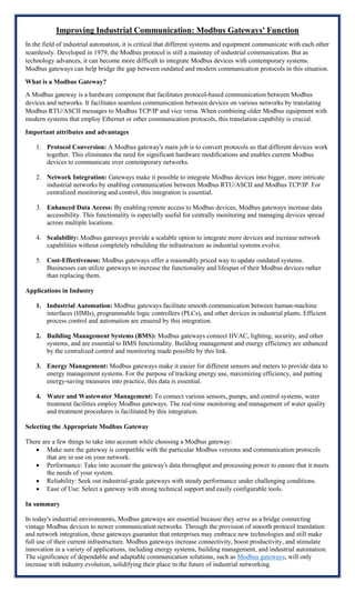 Improving Industrial Communication: Modbus Gateways' Function | PDF