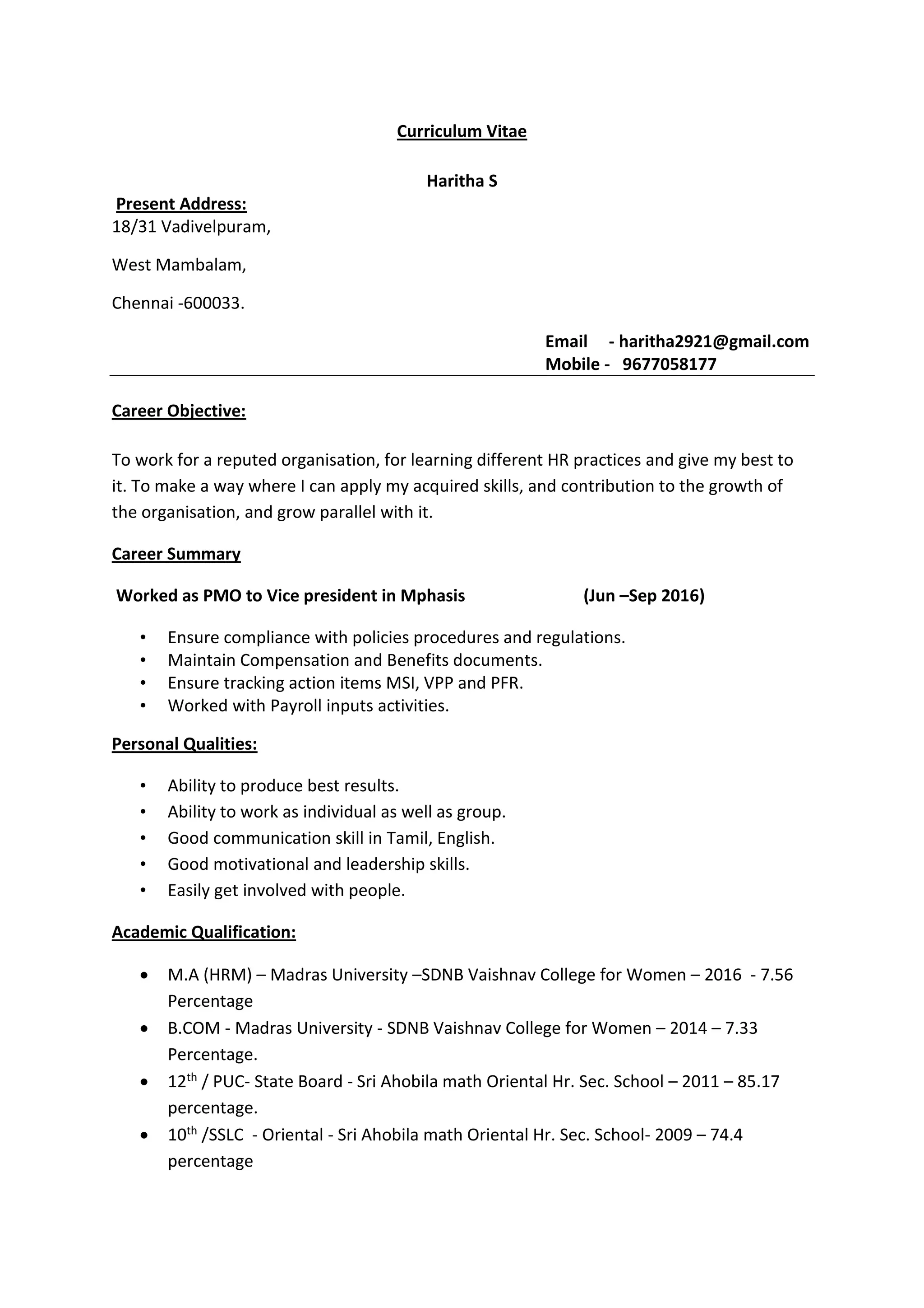 Resume of Haritha Sankar | PDF | Human Resources | Business