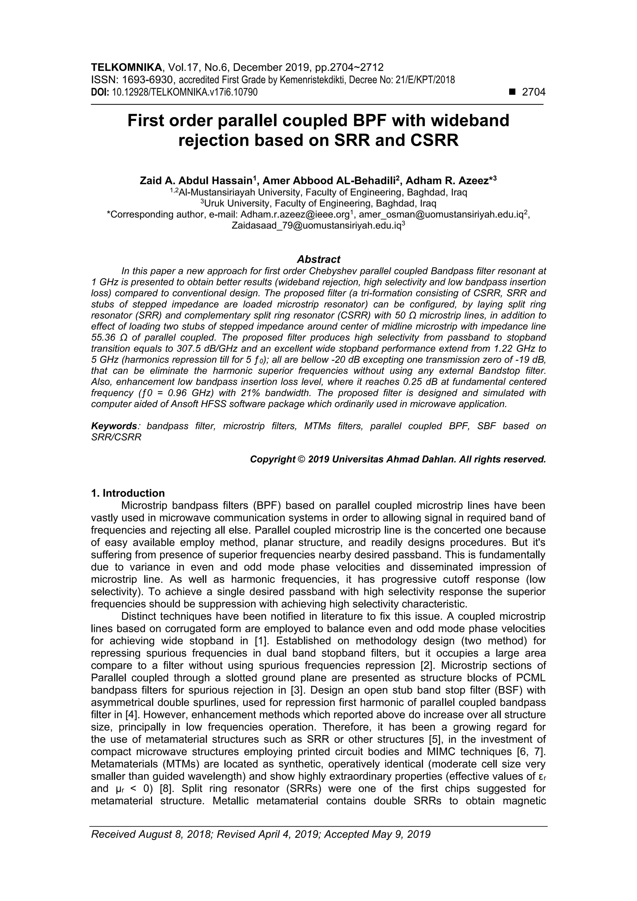 First order parallel coupled BPF with wideband rejection based on SRR ...