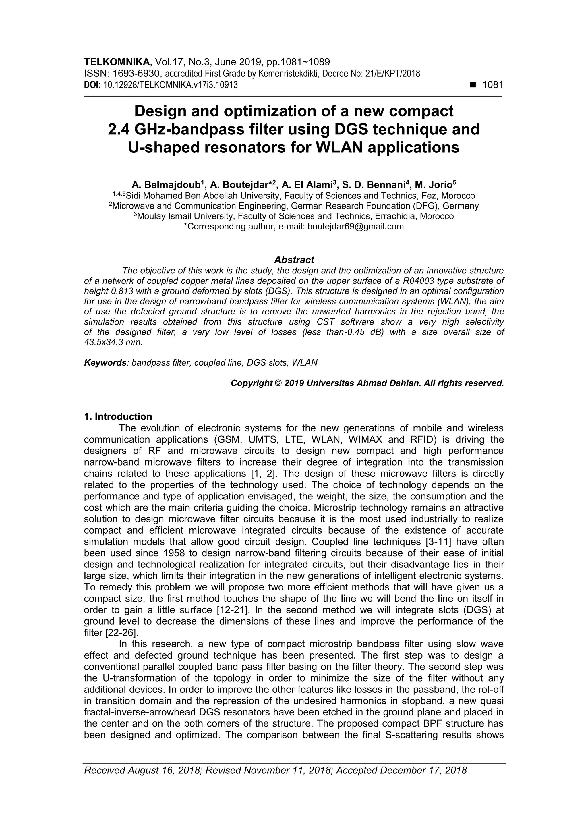 Design and optimization of a new compact 2.4 GHz-bandpass filter using ...