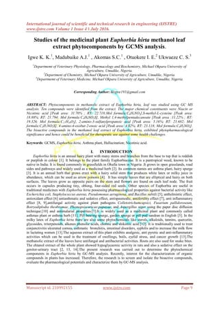 Studies of the medicinal plant Euphorbia hirta methanol leaf extract phytocomponents by GCMS ...