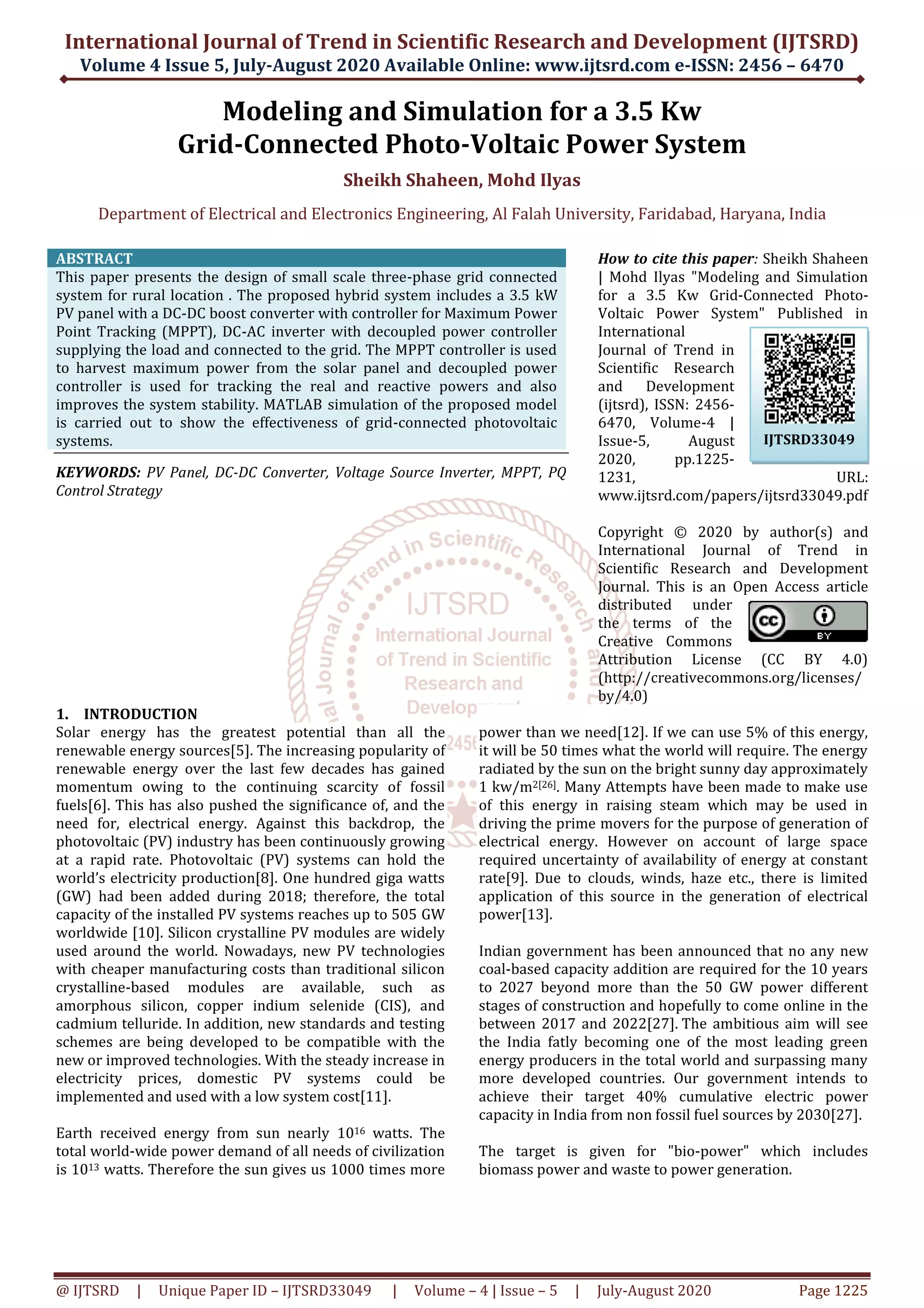 Modeling and Simulation for a 3.5 Kw Grid Connected Photo Voltaic Power ...
