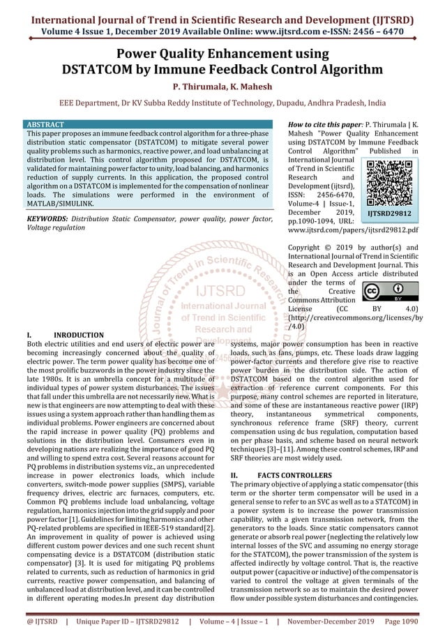 Power Quality Enhancement using DSTATCOM by Immune Feedback Control Algorithm | PDF