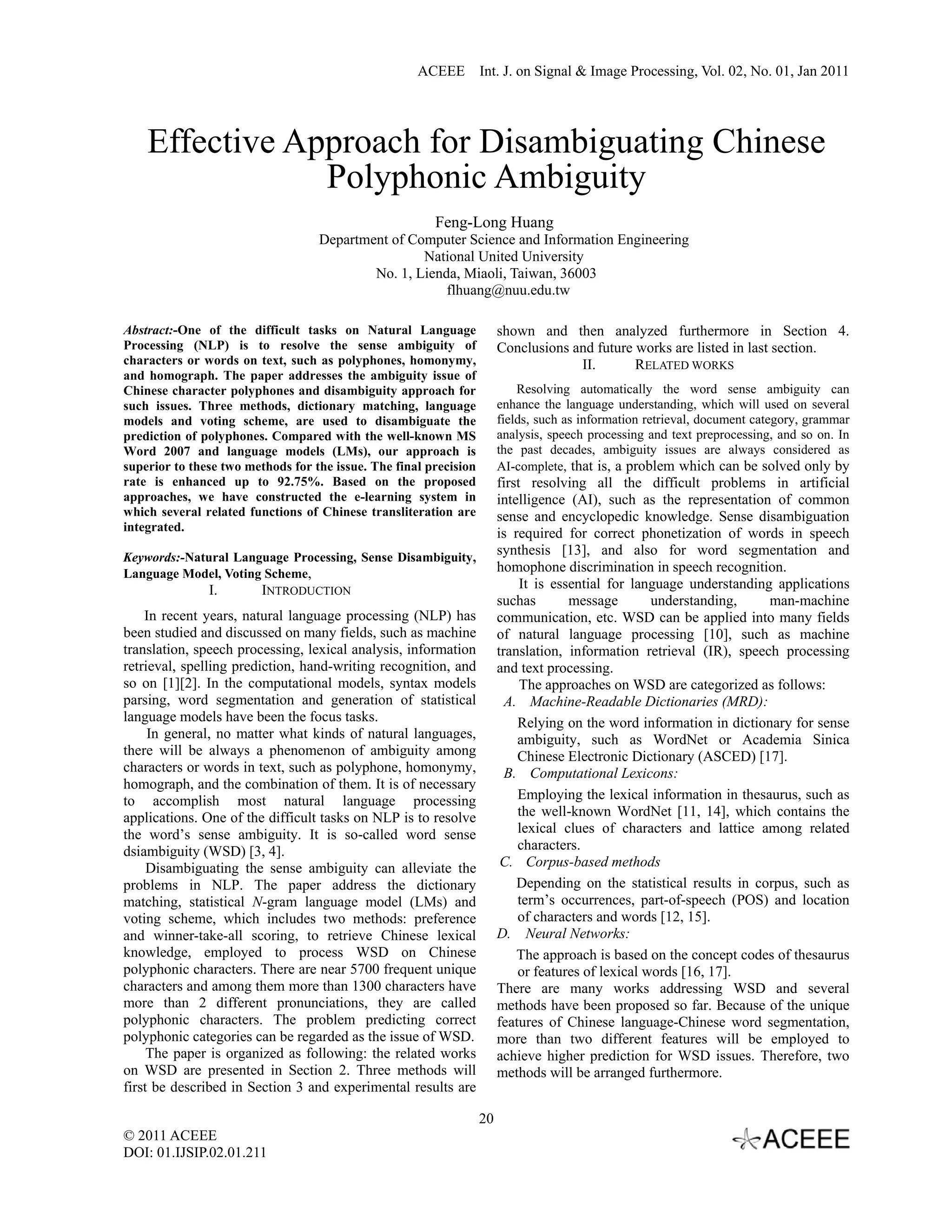 Effective Approach for Disambiguating Chinese Polyphonic Ambiguity | PDF