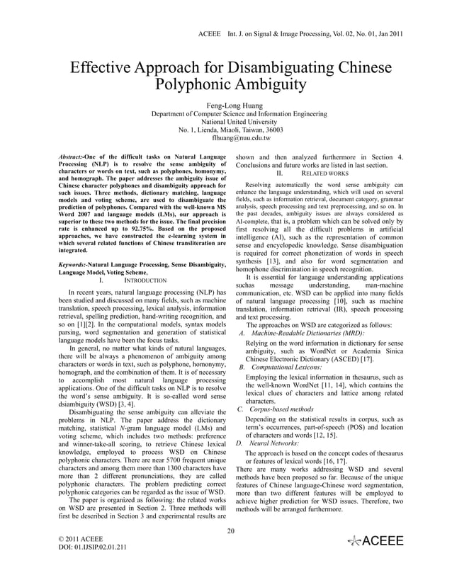 Effective Approach for Disambiguating Chinese Polyphonic Ambiguity | PDF