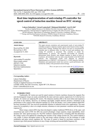 Real time implementation of anti-windup PI controller for speed control of induction machine ...