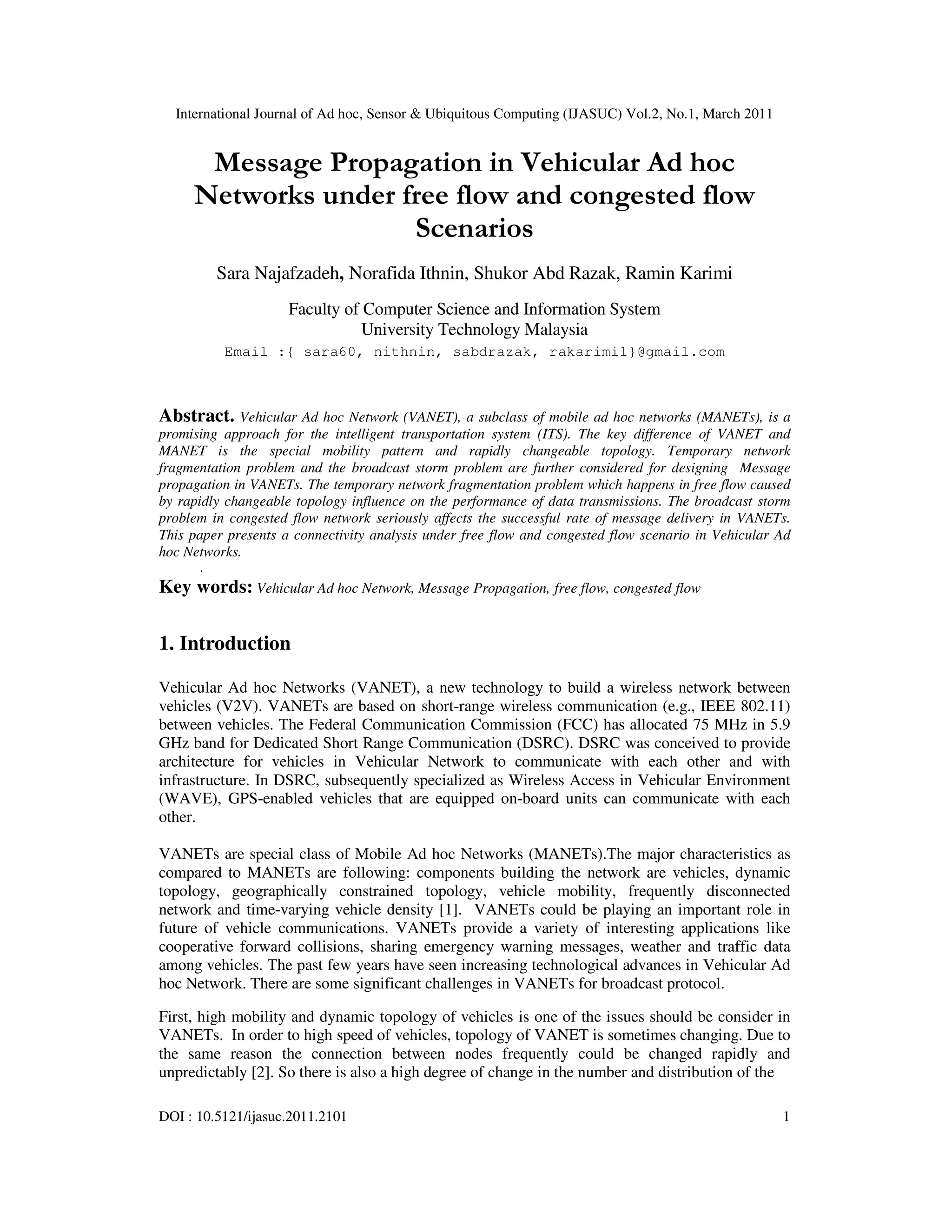 Message Propagation in Vehicular Ad hoc Networks under free flow and congested flow Scenarios | PDF
