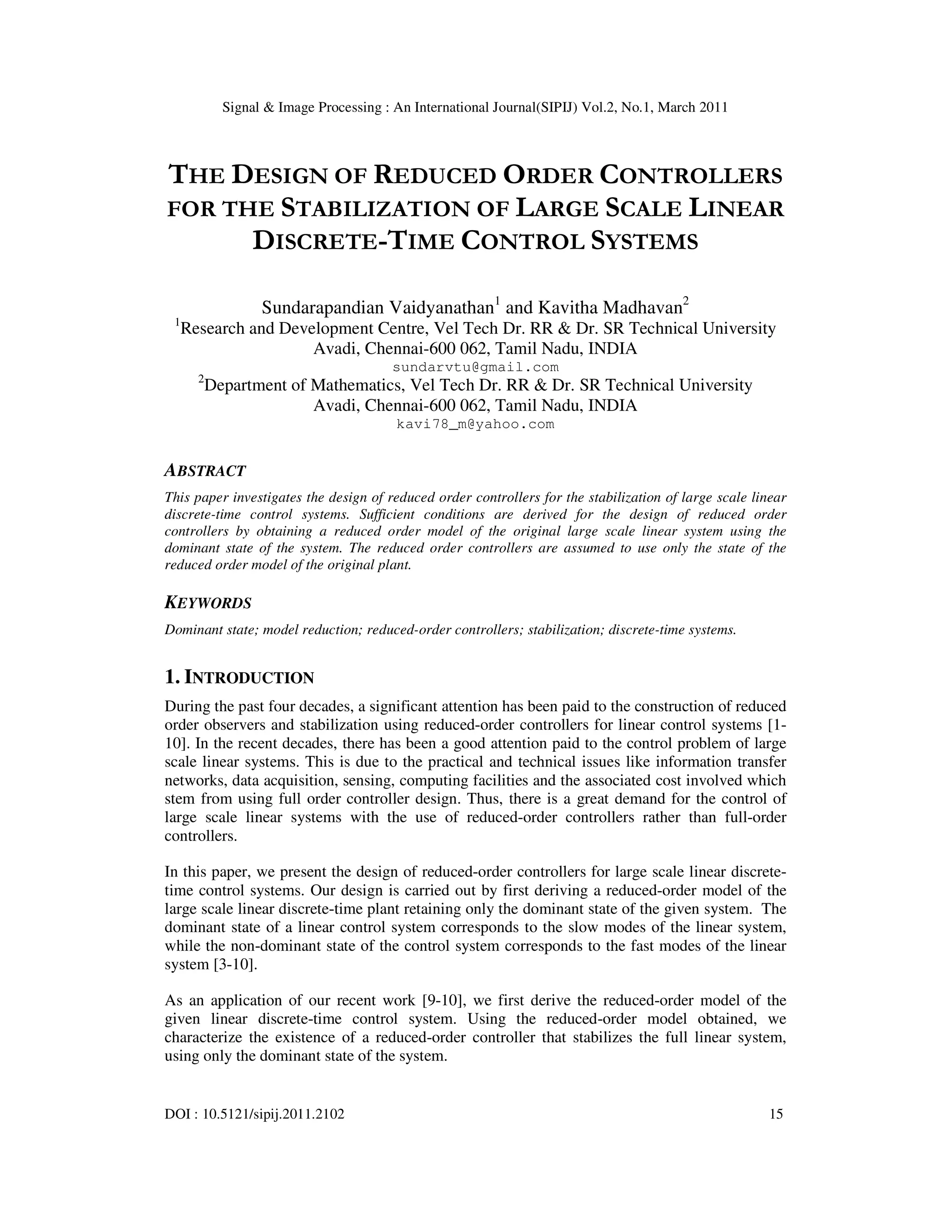 The Design of Reduced Order Controllers for the Stabilization of Large Scale Linear Discrete ...