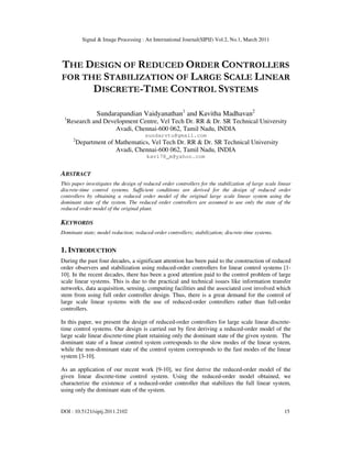 The Design of Reduced Order Controllers for the Stabilization of Large Scale Linear Discrete ...