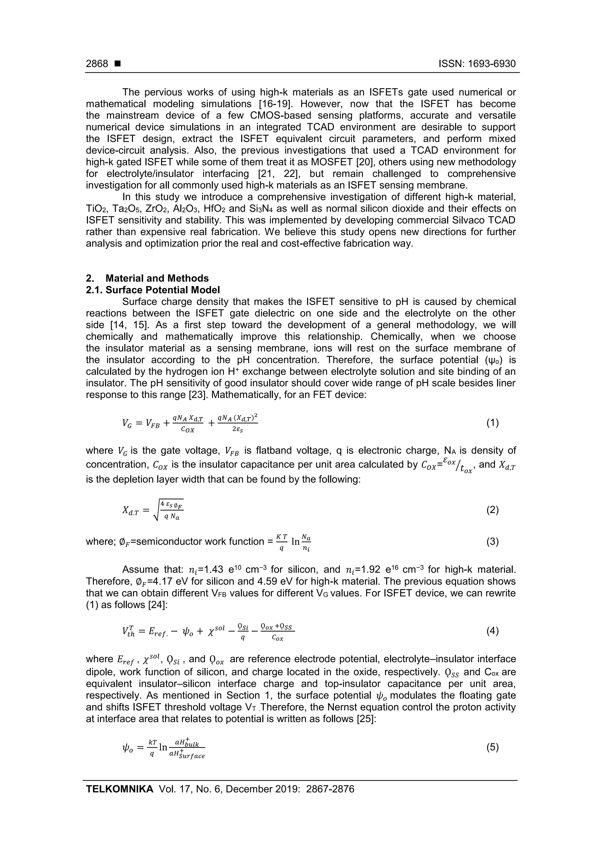 Performance analysis of high-k materials as stern layer in ion-sensitive field effect transistor ...