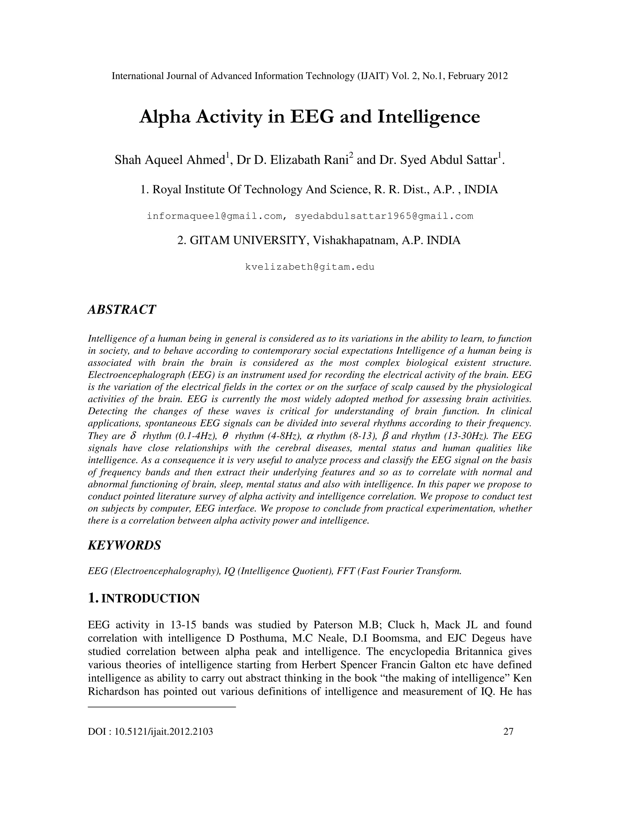 Alpha Activity in EEG and Intelligence | PDF