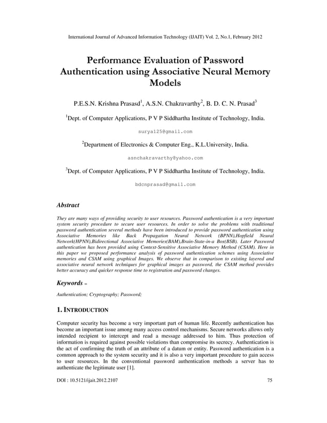 Performance Evaluation of Password Authentication using Associative Neural Memory Models | PDF