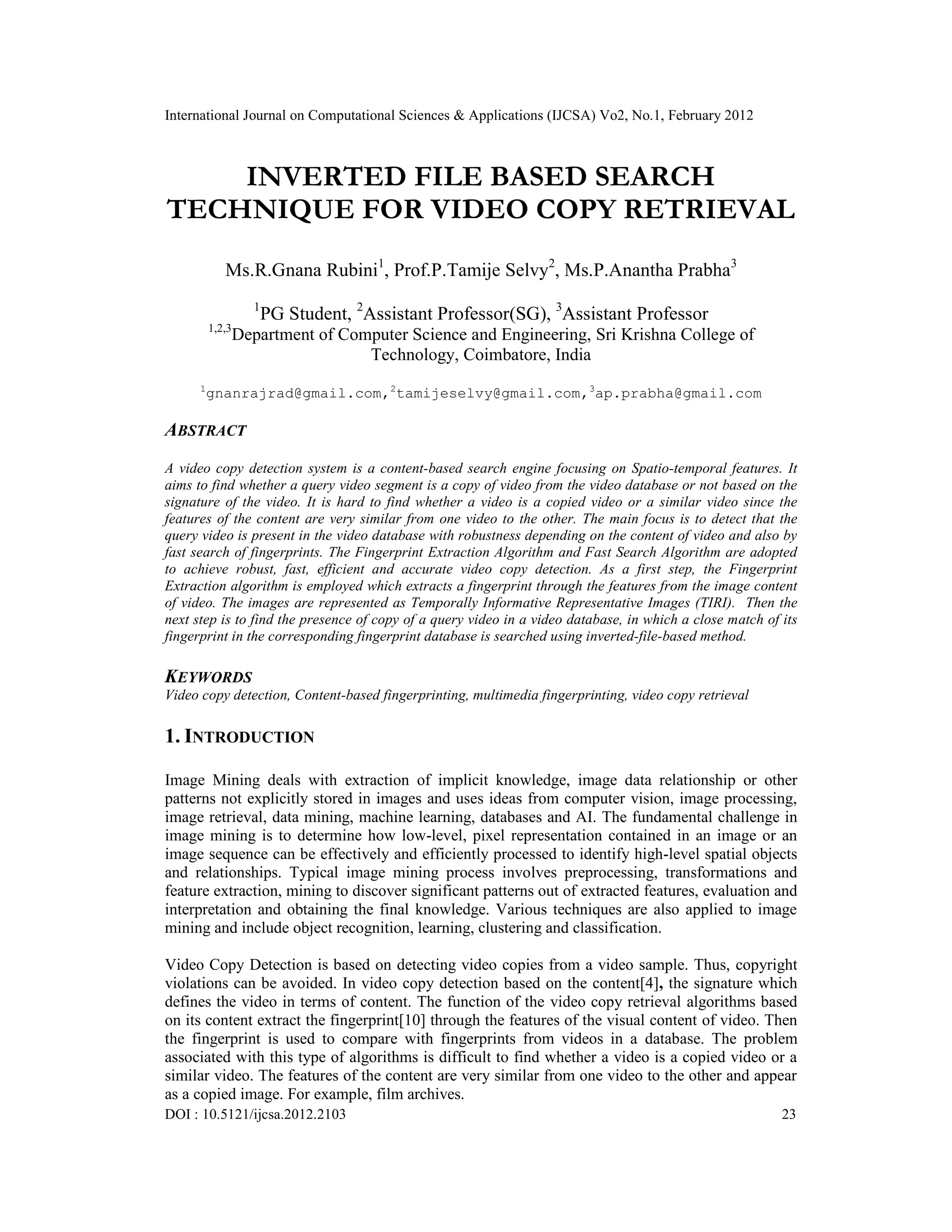 Inverted File Based Search Technique for Video Copy Retrieval | PDF