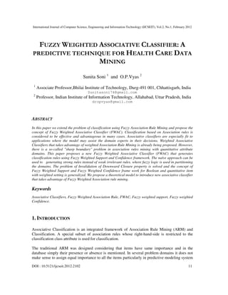 FUZZY WEIGHTED ASSOCIATIVE CLASSIFIER: A PREDICTIVE TECHNIQUE FOR HEALTH CARE DATA MINING | PDF