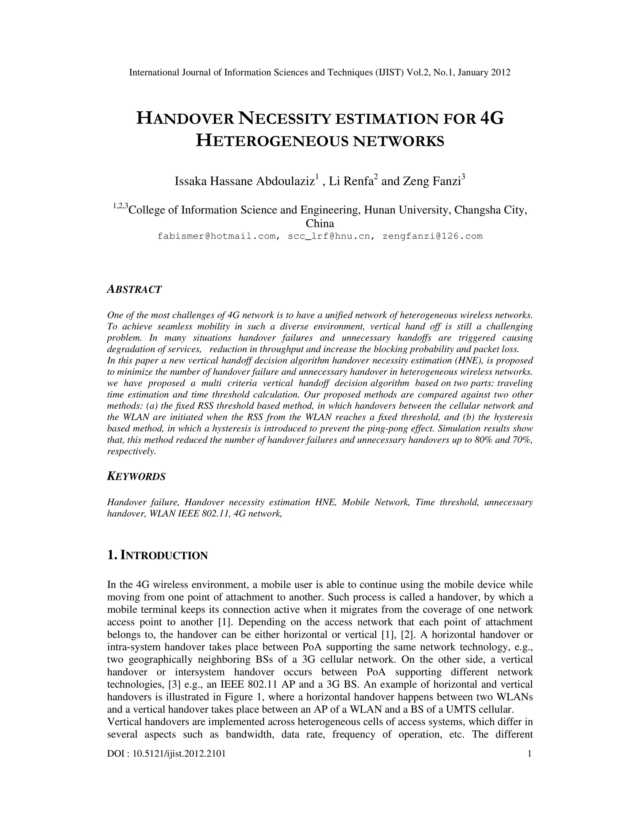 HANDOVER NECESSITY ESTIMATION FOR 4G HETEROGENEOUS NETWORKS | PDF