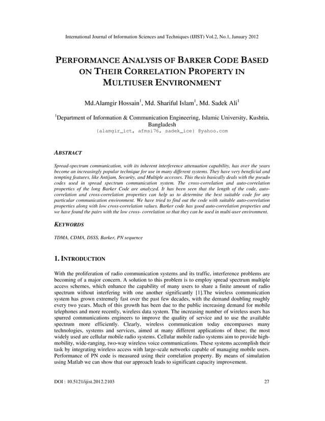 PERFORMANCE ANALYSIS OF BARKER CODE BASED ON THEIR CORRELATION PROPERTY IN MULTIUSER ENVIRONMENT ...