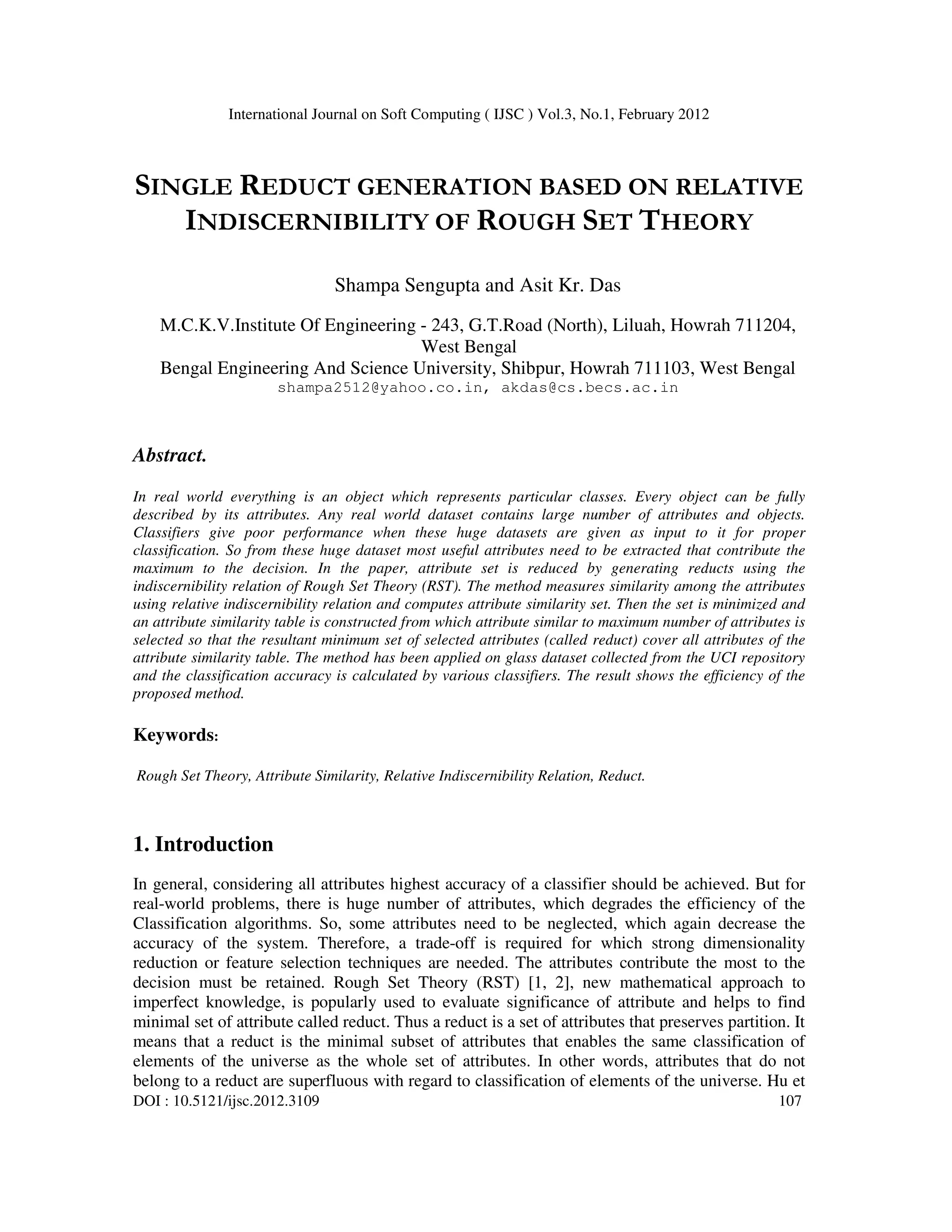 Single Reduct Generation Based on Relative Indiscernibility of Rough Set Theory | PDF ...
