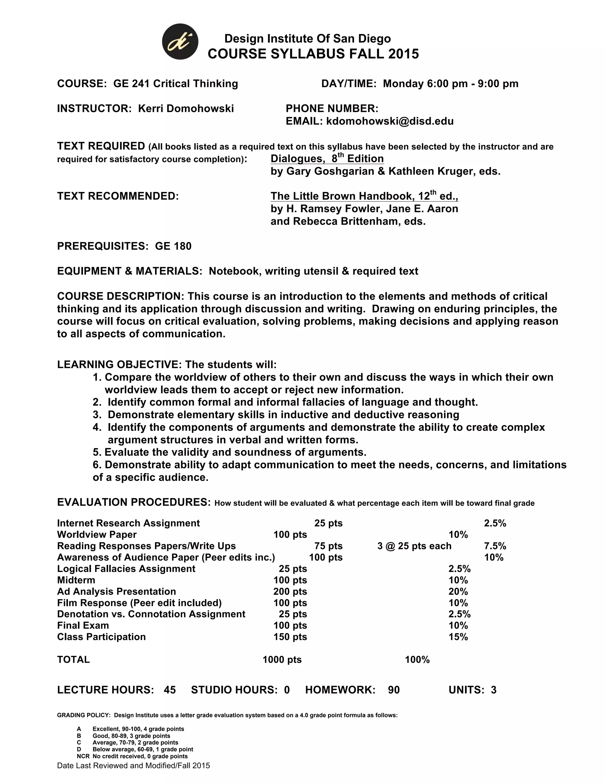 Critical Thinking Syllabus | PDF