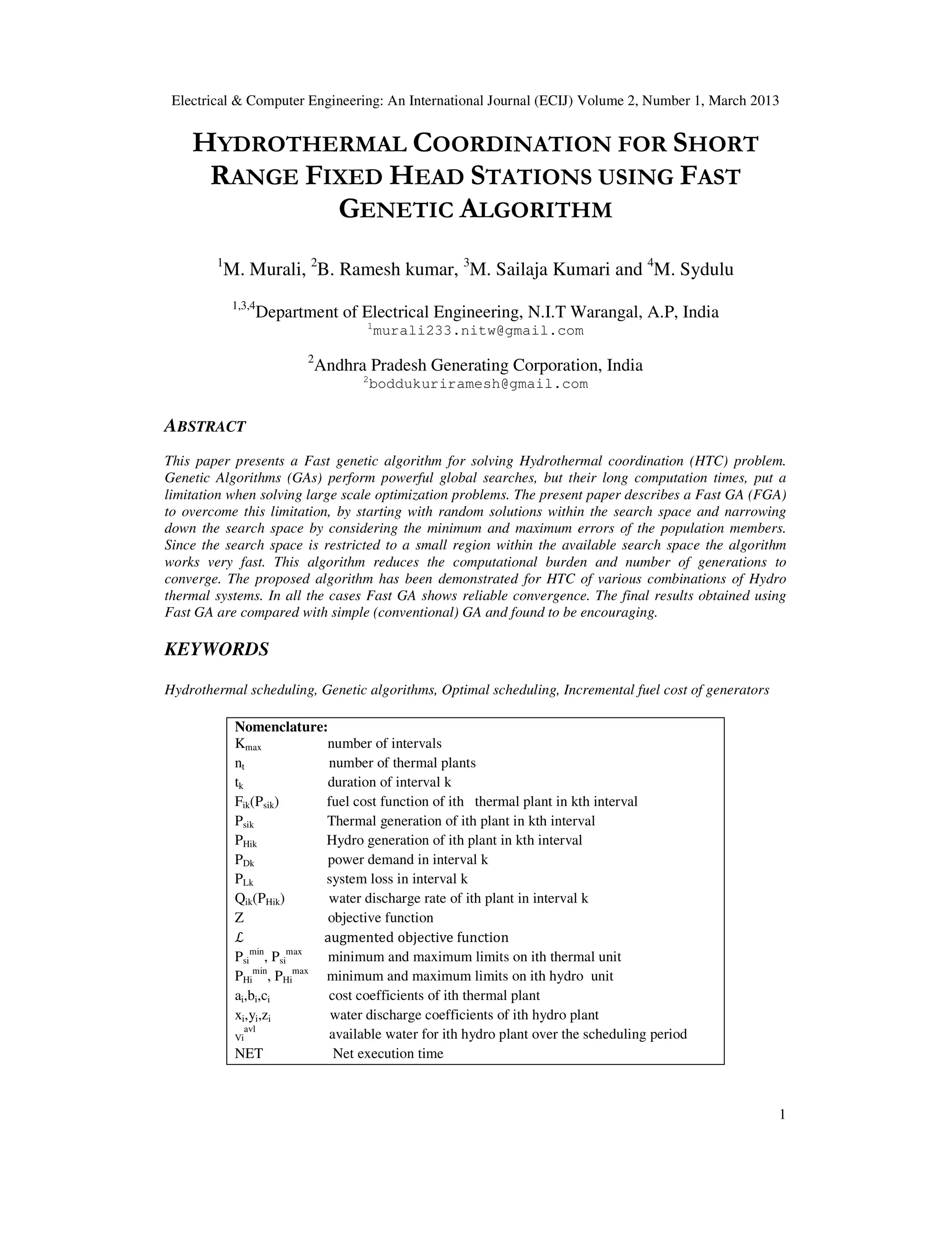 HYDROTHERMAL COORDINATION FOR SHORT RANGE FIXED HEAD STATIONS USING FAST GENETIC ALGORITHM | PDF