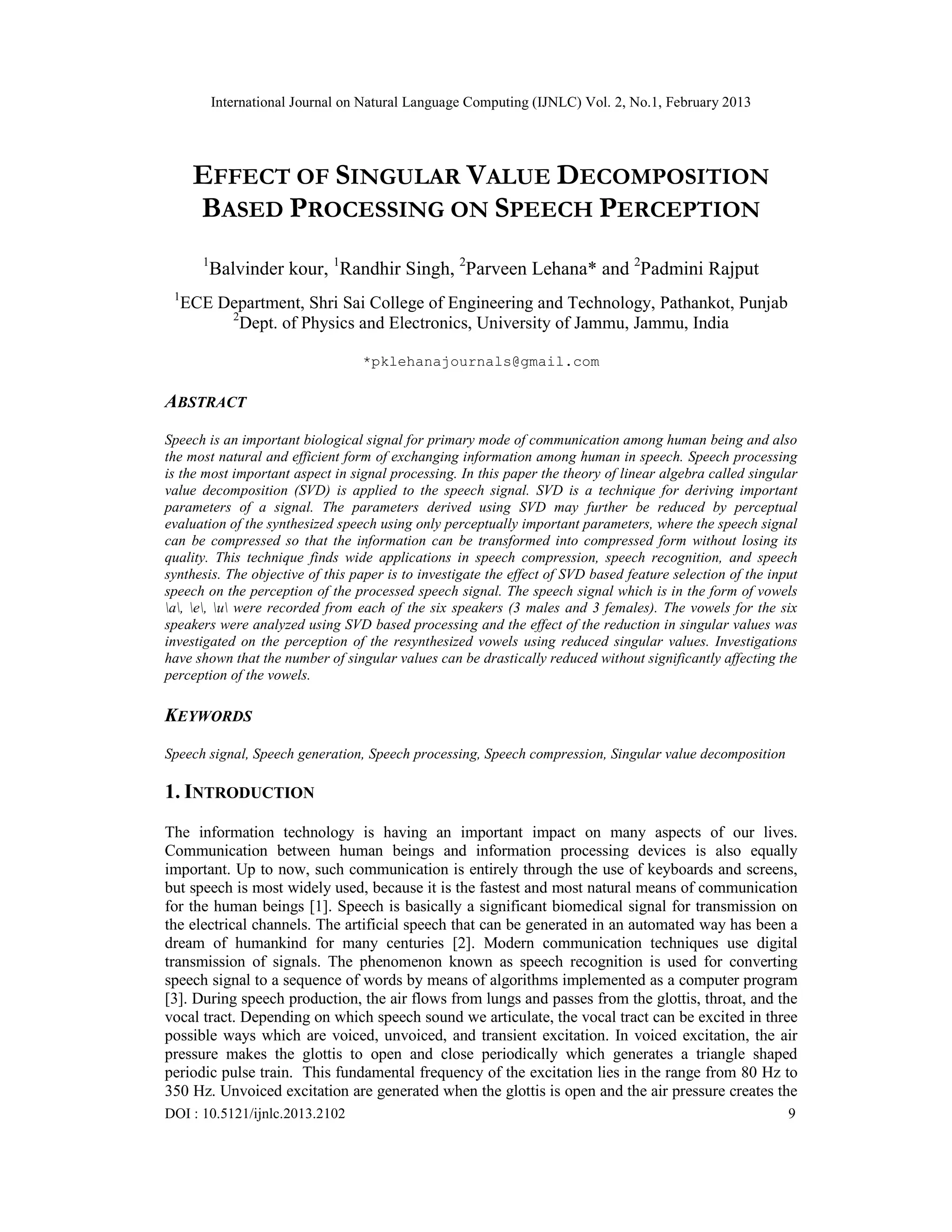Effect of Singular Value Decomposition Based Processing on Speech Perception | PDF