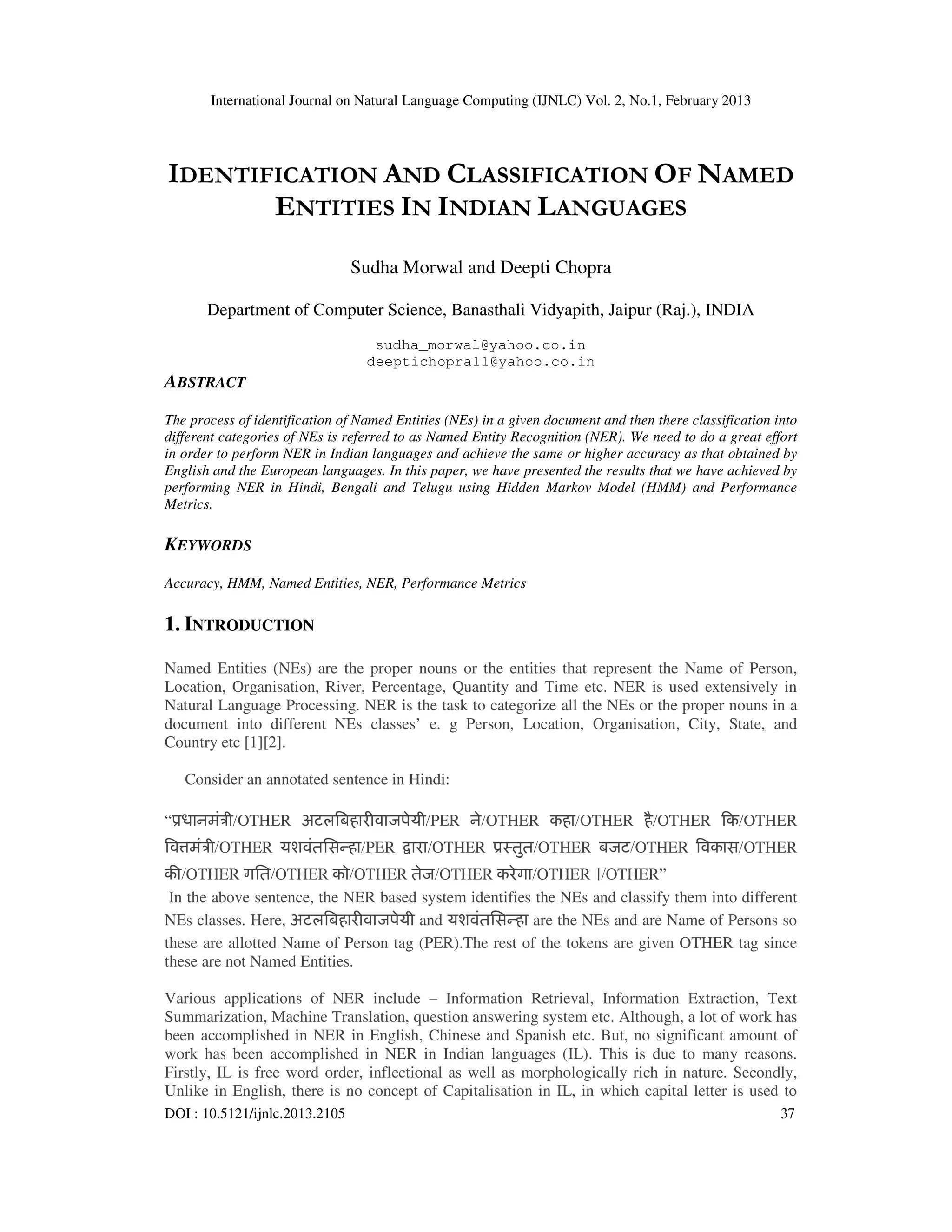 Identification and Classification of Named Entities in Indian Languages | PDF
