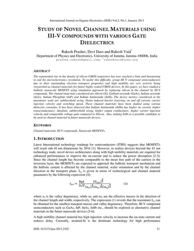 STUDY OF NOVEL CHANNEL MATERIALS USING III-V COMPOUNDS WITH VARIOUS GATE DIELECTRICS | PDF