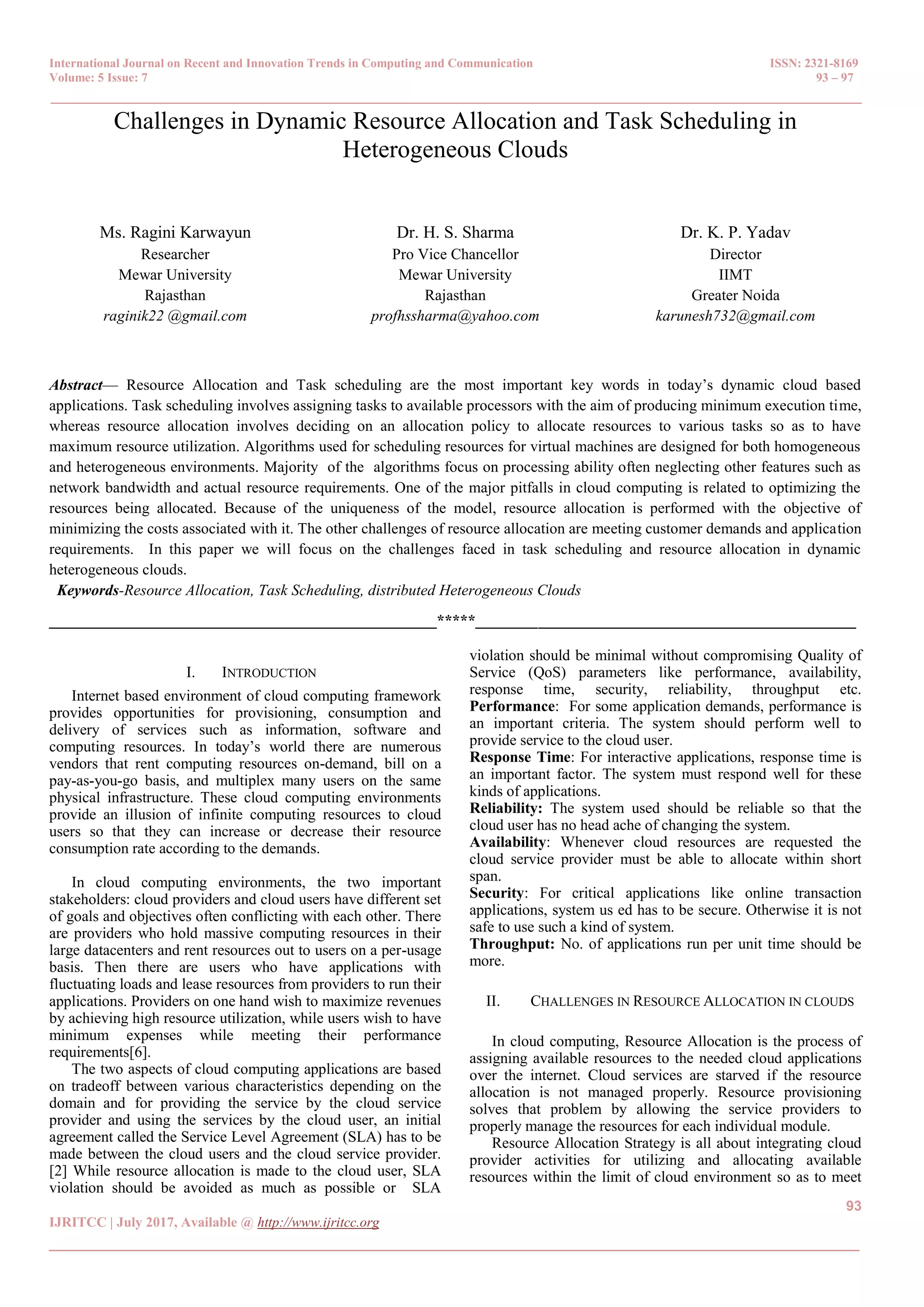 Challenges In Dynamic Resource Allocation And Task Scheduling In Heterogeneous Clouds Pdf
