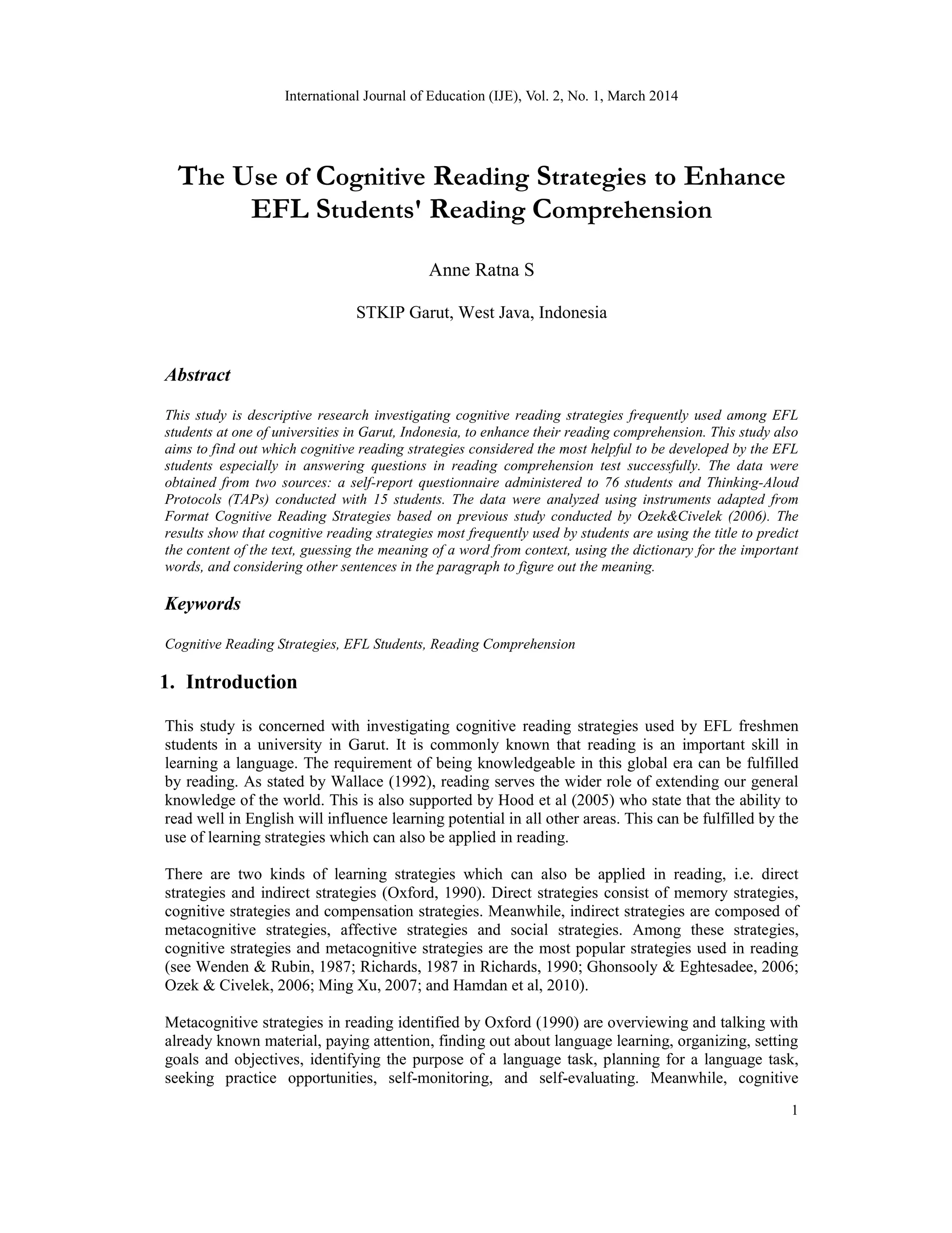 The Use of Cognitive Reading Strategies to Enhance EFL Students ...