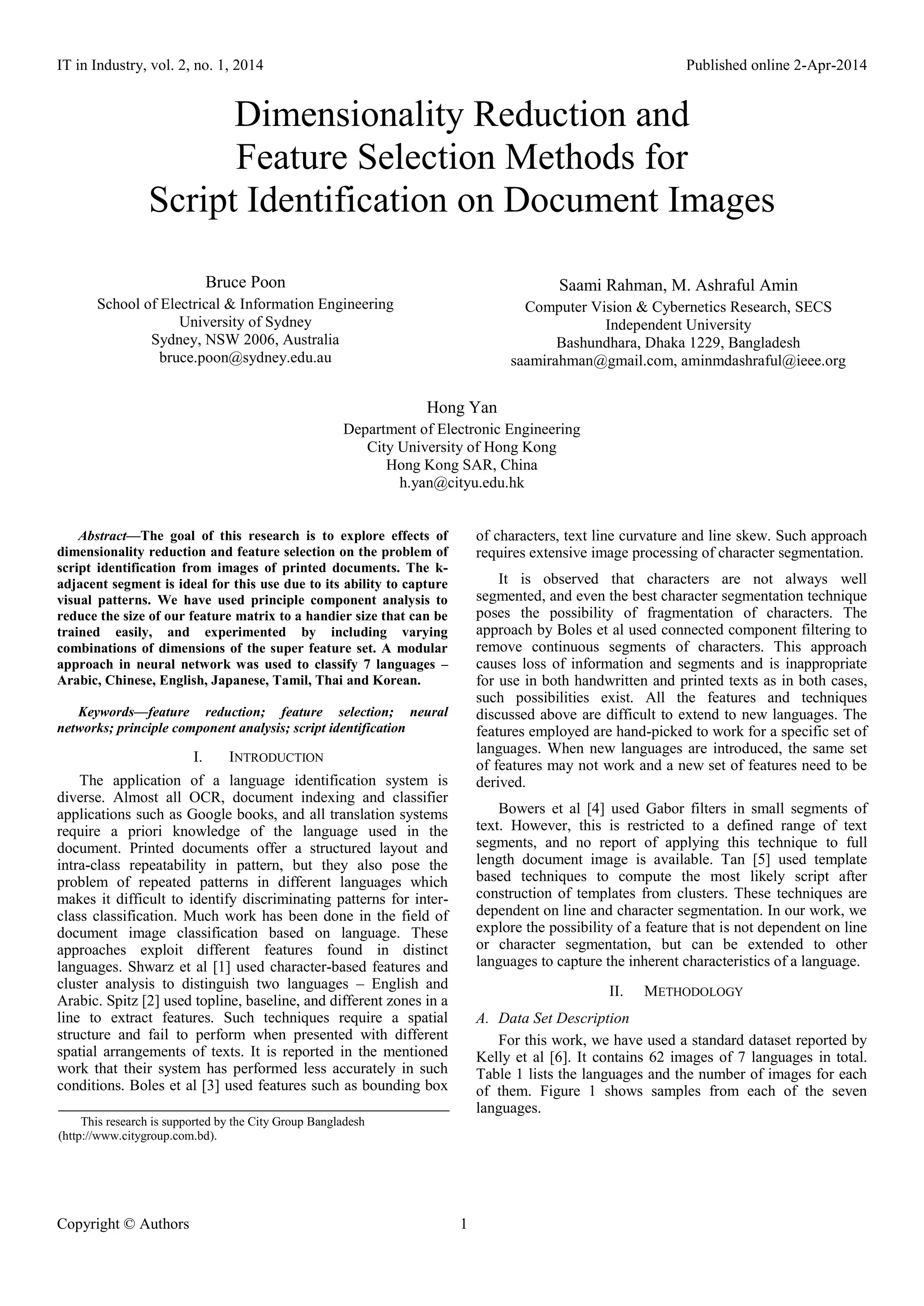 Dimensionality Reduction And Feature Selection Methods For Script Identification On Document