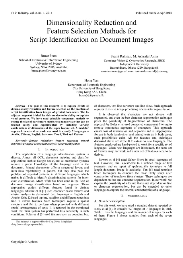 Dimensionality Reduction And Feature Selection Methods For Script Identification On Document