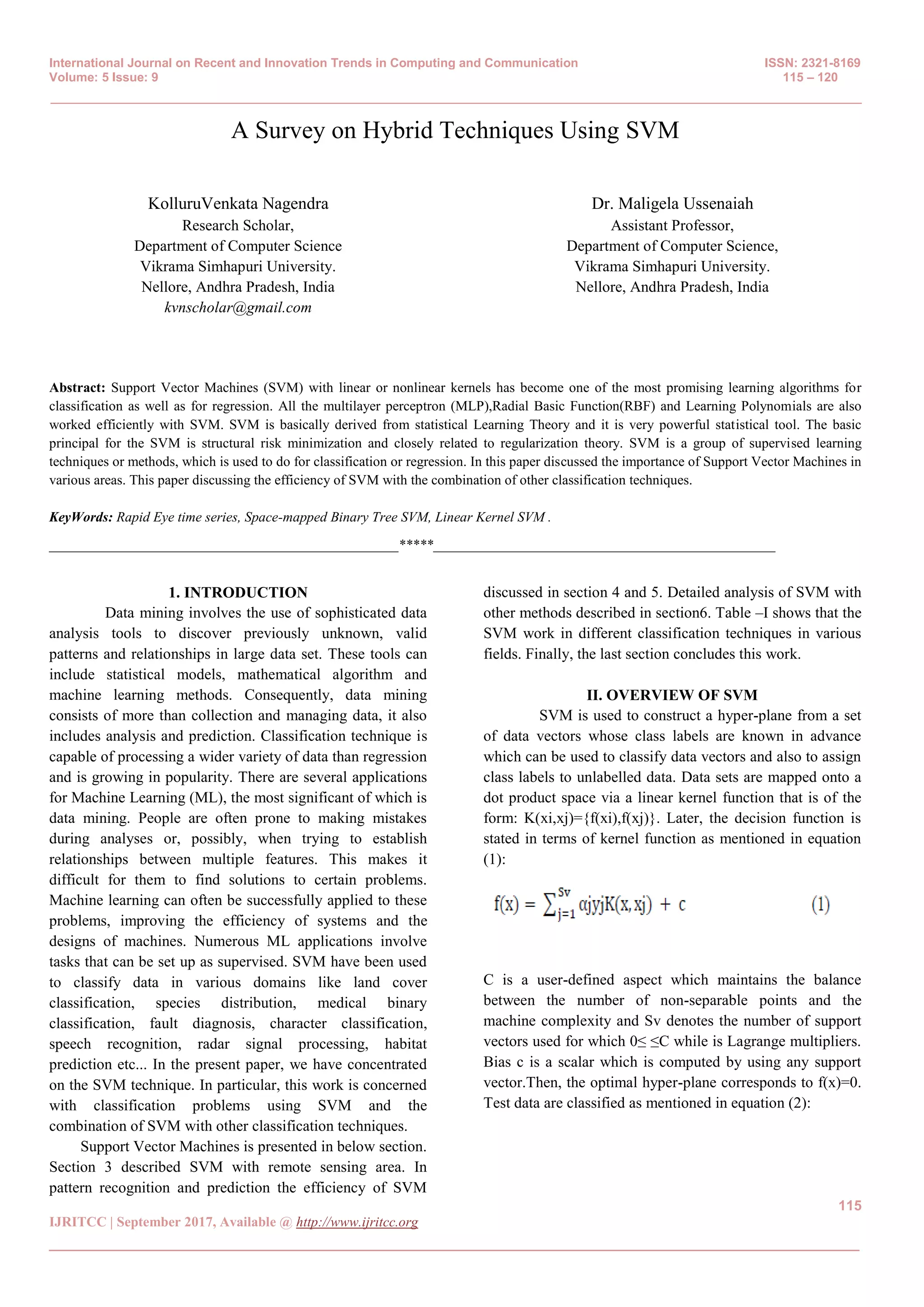 A Survey on Hybrid Techniques Using SVM | PDF