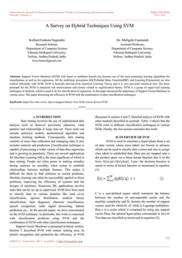 A Survey on Hybrid Techniques Using SVM | PDF