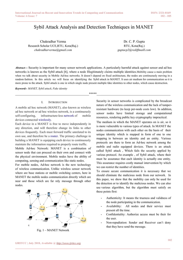 Sybil Attack Analysis and Detection Techniques in MANET | PDF | Free Download