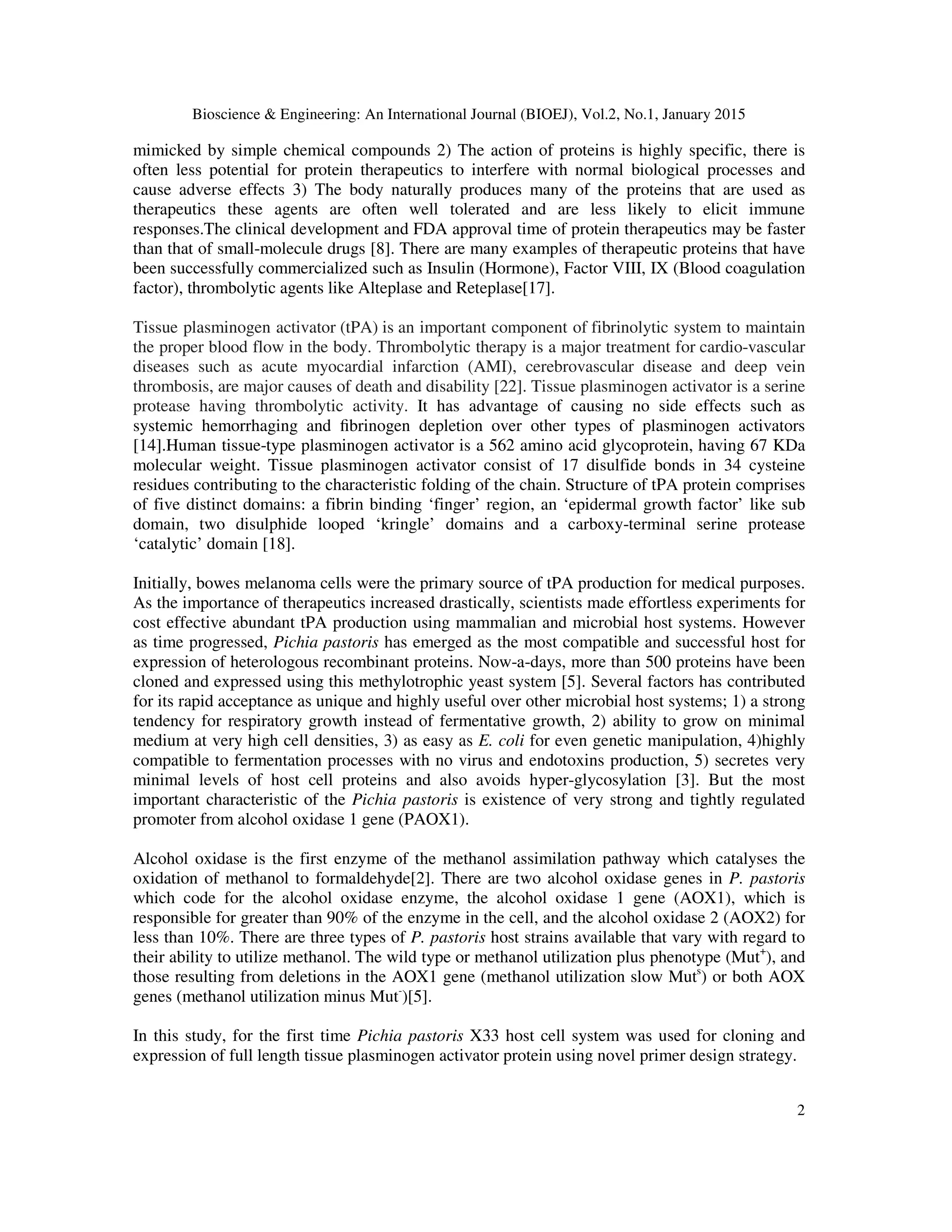 CLONING AND EXTRACELLULAR EXPRESSION OF RECOMBINANT TISSUE PLASMINOGEN ...