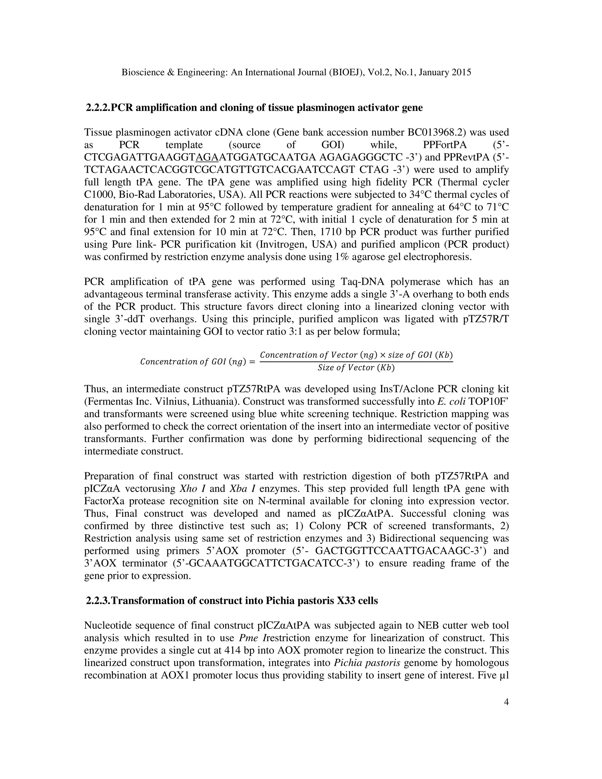 CLONING AND EXTRACELLULAR EXPRESSION OF RECOMBINANT TISSUE PLASMINOGEN ...