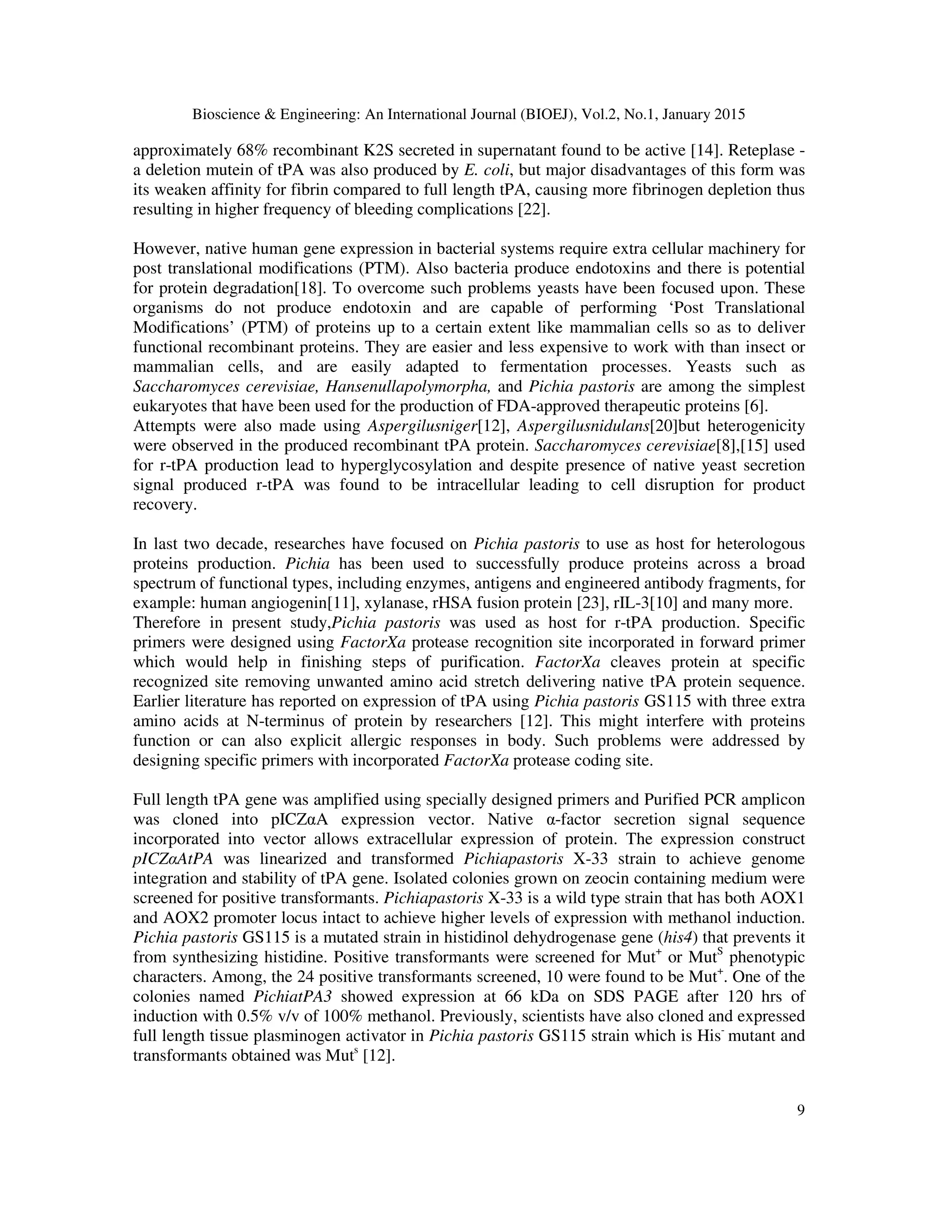 CLONING AND EXTRACELLULAR EXPRESSION OF RECOMBINANT TISSUE PLASMINOGEN ...