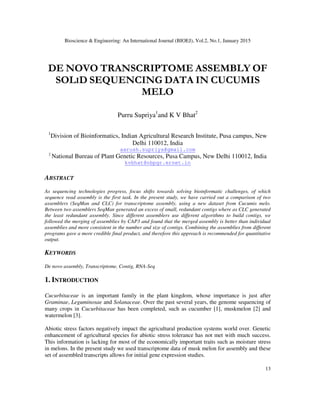 DE NOVO TRANSCRIPTOME ASSEMBLY OF SOLID SEQUENCING DATA IN CUCUMIS MELO | PDF