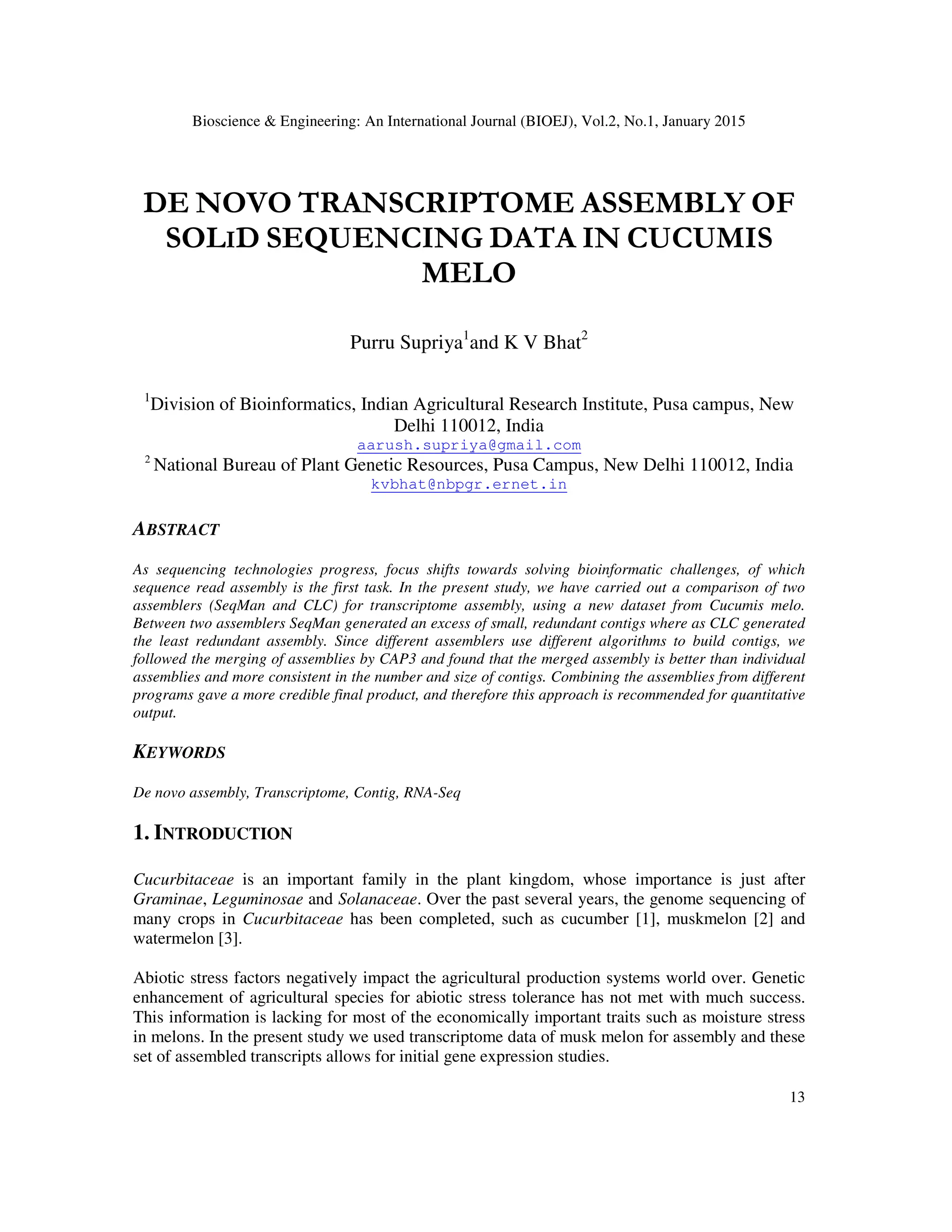 DE NOVO TRANSCRIPTOME ASSEMBLY OF SOLID SEQUENCING DATA IN CUCUMIS MELO ...