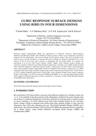 CUBIC RESPONSE SURFACE DESIGNS USING BIBD IN FOUR DIMENSIONS | PDF