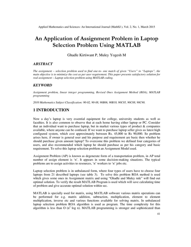 An Application of Assignment Problem in Laptop Selection Problem Using MATLAB | PDF