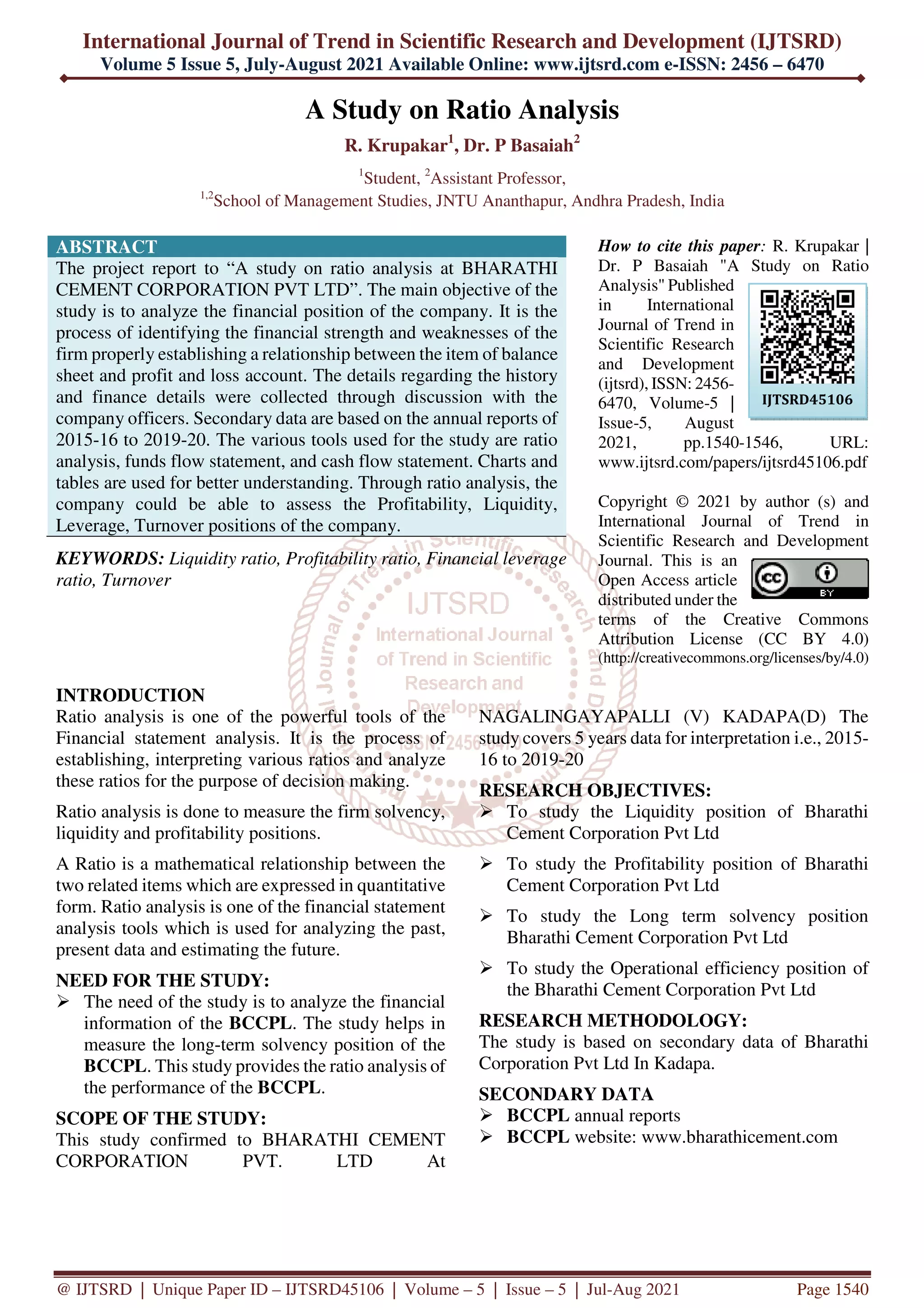 A Study on Ratio Analysis | PDF